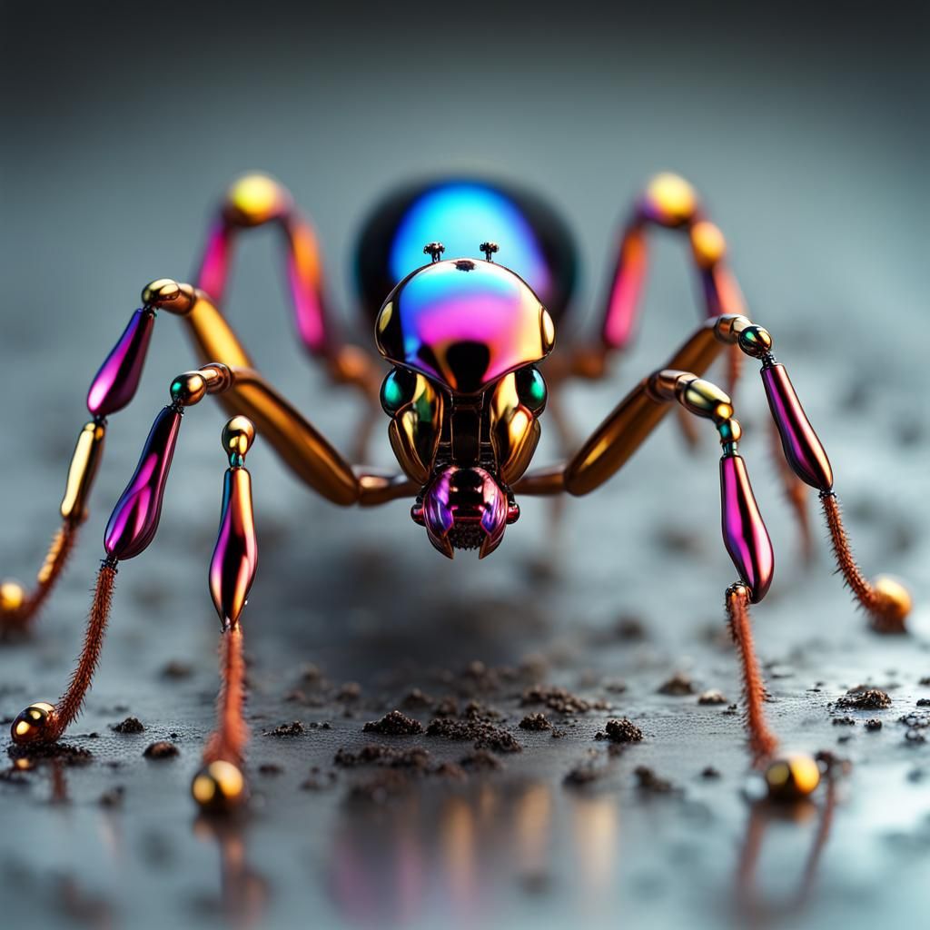 Colorful Anodized chrome robotic large ant on top of its domain, Macro ...