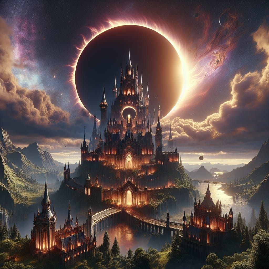 A fantasy setting where a total solar eclipse is occurring, with a ...