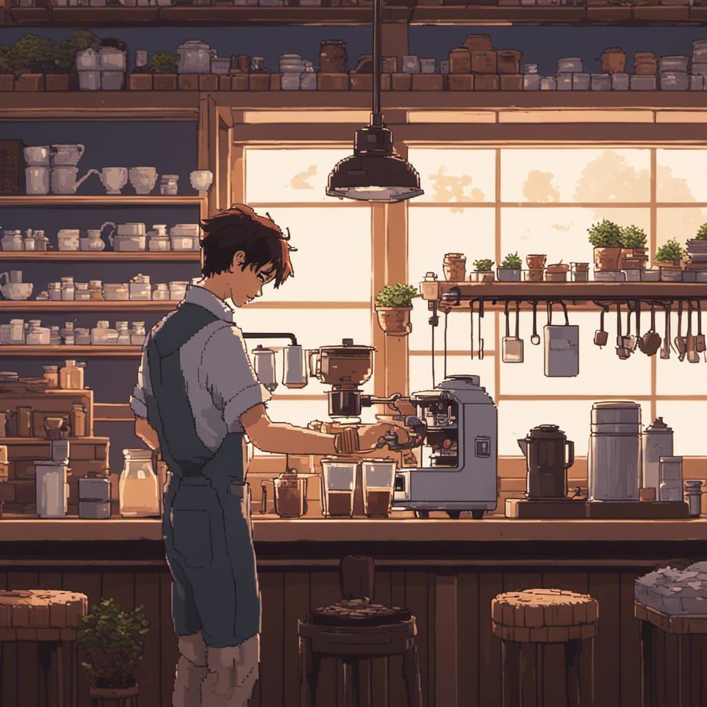 Pixel art male barista making a pour over coffee Studio Ghibli, Anime ...