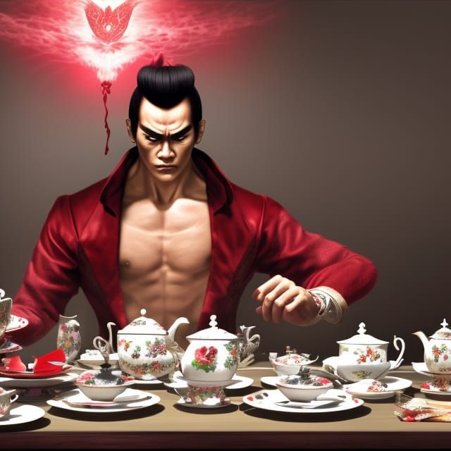 Kazuya Mishima having a distinguished tea party - AI Generated Artwork - NightCafe Creator