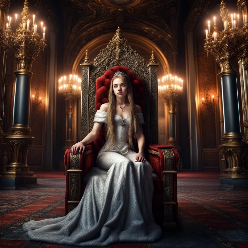 18 year old princess, sitting on a throne, in a beautiful throne room ...