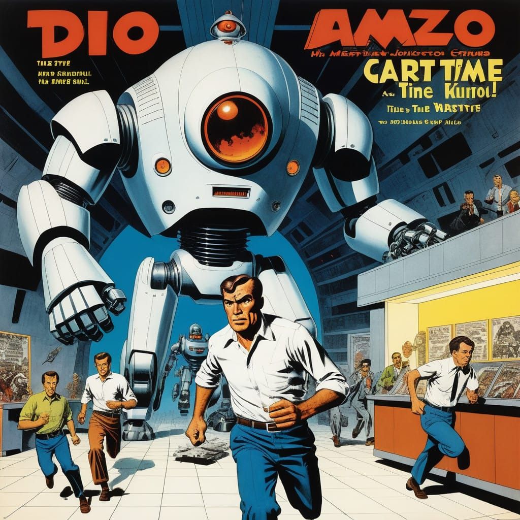 Man Chased by Robot in Retro-Futuristic Interior - AI Art