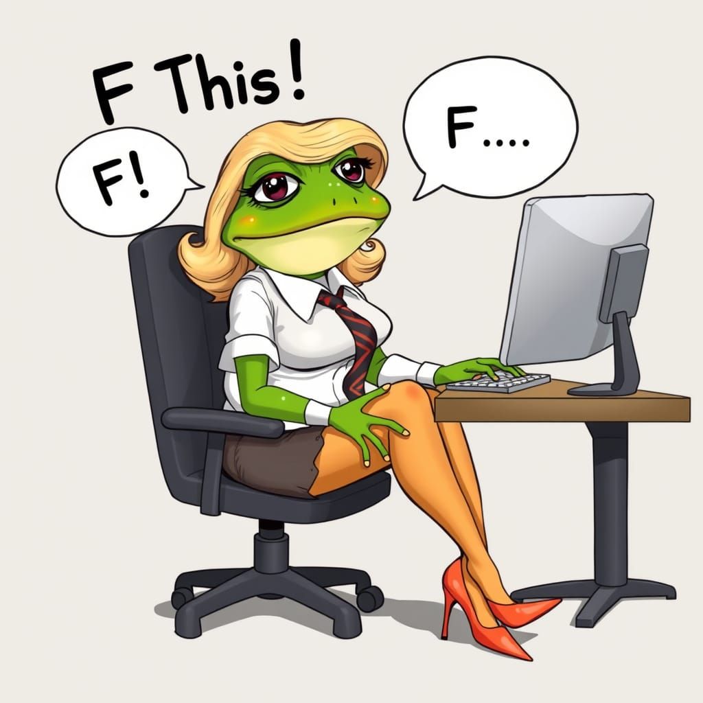 Frog Secretary in High Heels and Wig at Computer D... - AI Art