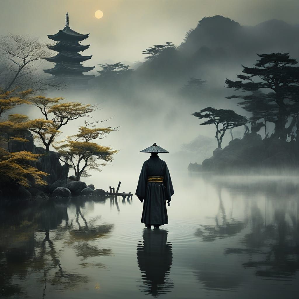 Ethereal Shinto Temple on Misty Lake in Watercolor... - AI Art