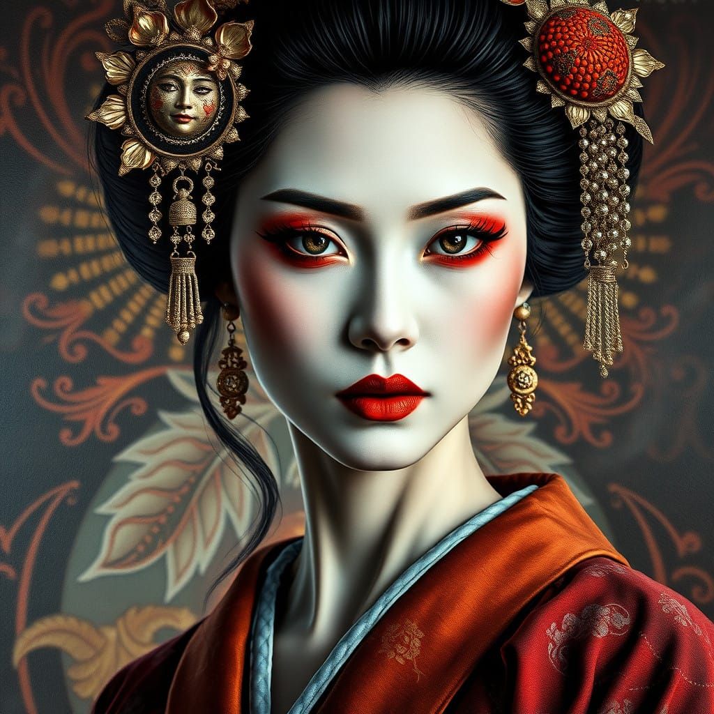 Realistic oil painting. Portrait of a wild and mysterious geisha queen ...