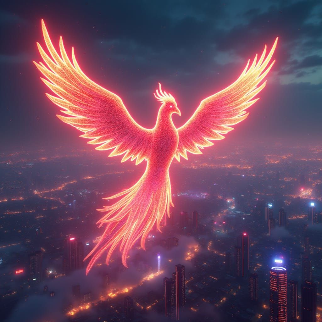 Cyberpunk Phoenix Soars Over a Neon Metropolis - AI Art