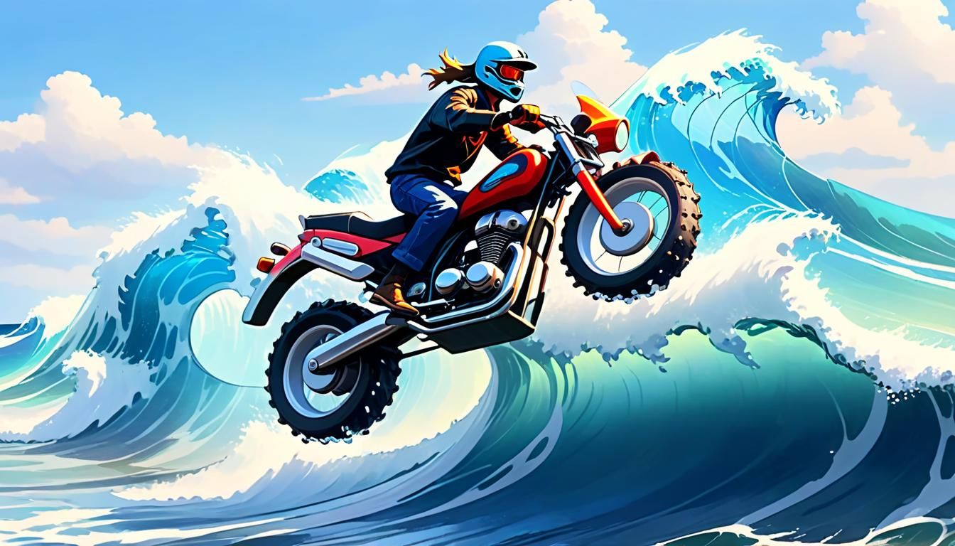 driving a motorcycle with paddle tire on top of the waves, - AI ...