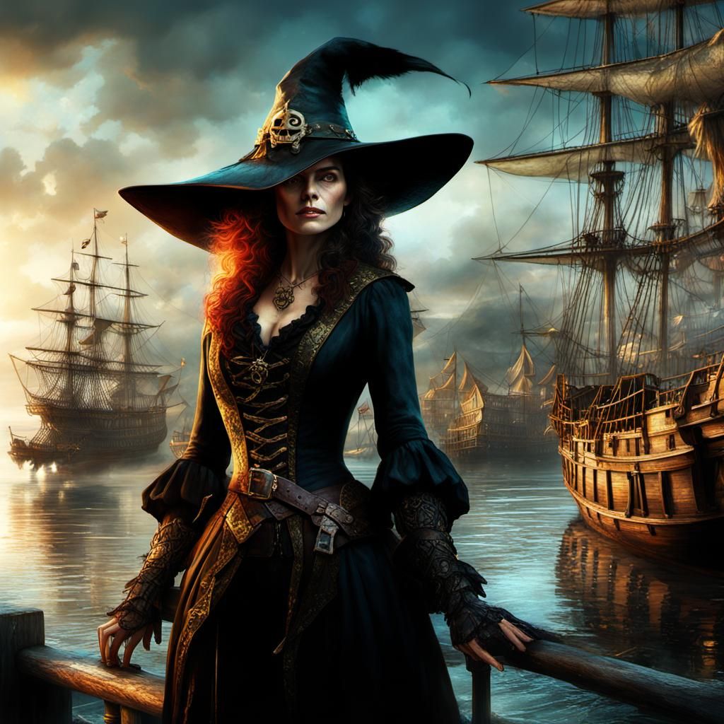 Pirate witch - Pirate Witch on Caribbean Docks: Digital Matt...