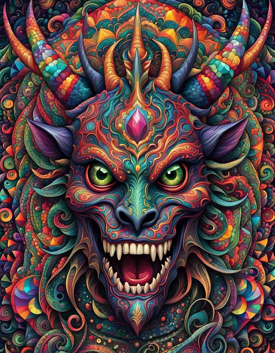 (Highly detailed concept sketch of a smiling monster face with horns ...