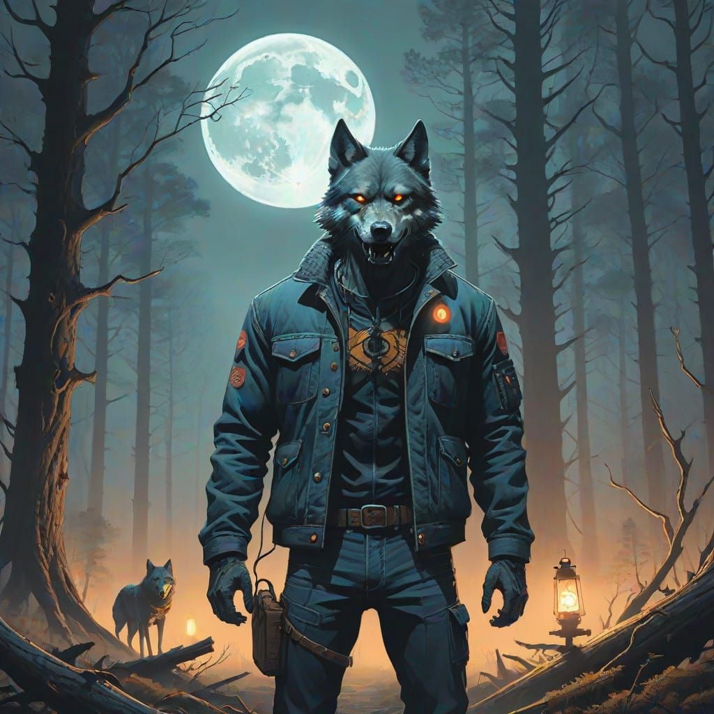 wolfman - Sleek Wolfman Stands Courageously in Dark Forest