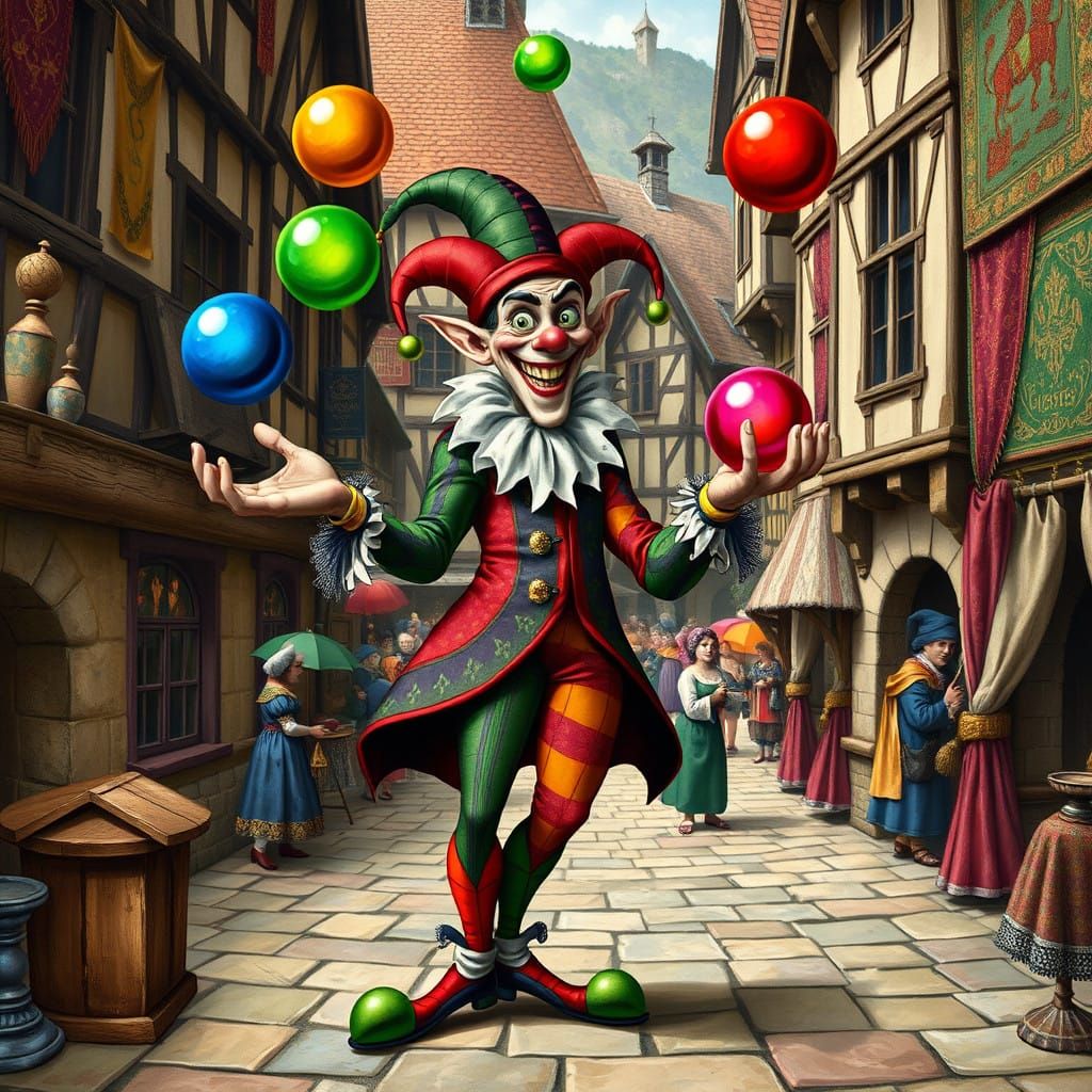 A jester juggling brightly colored balls in a lively medieval courtyard.
