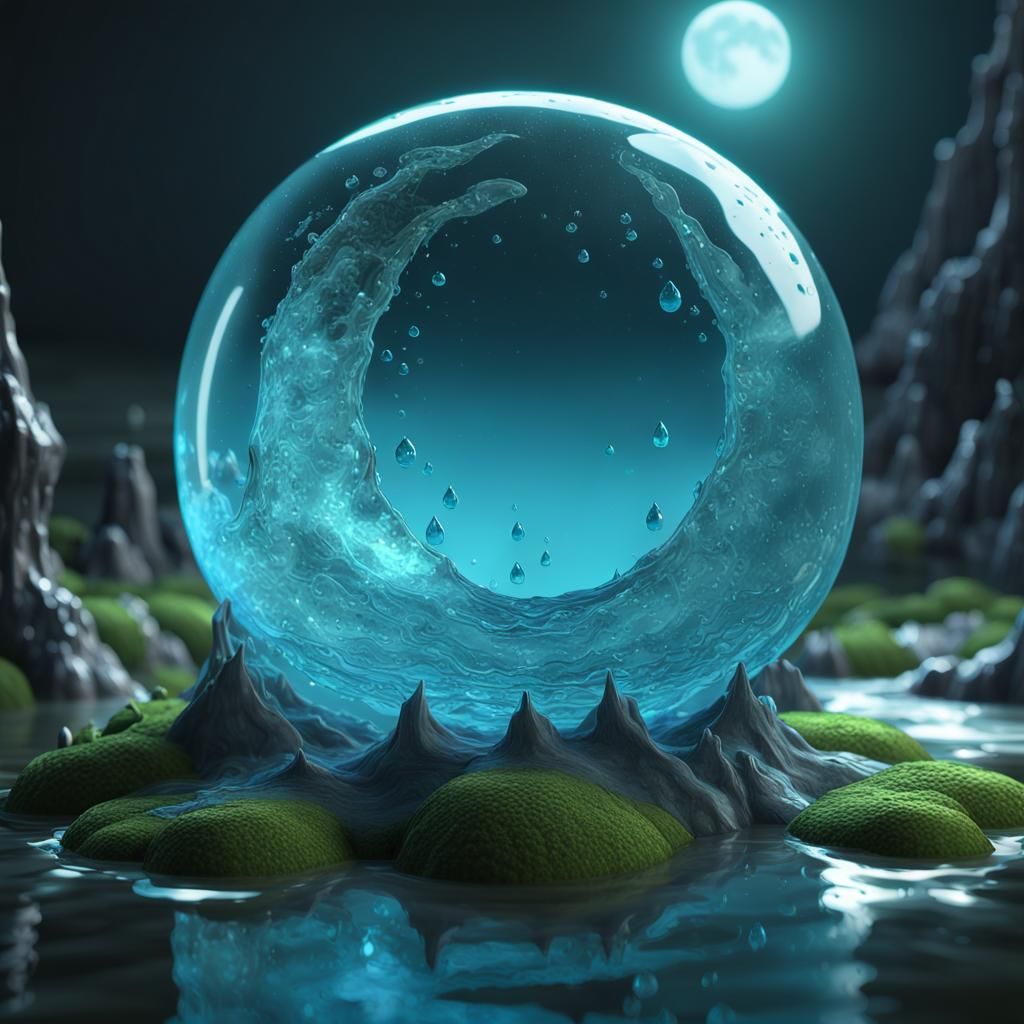 blue reflective soft moon glow on ghost ,water drip splash,magnificent ...