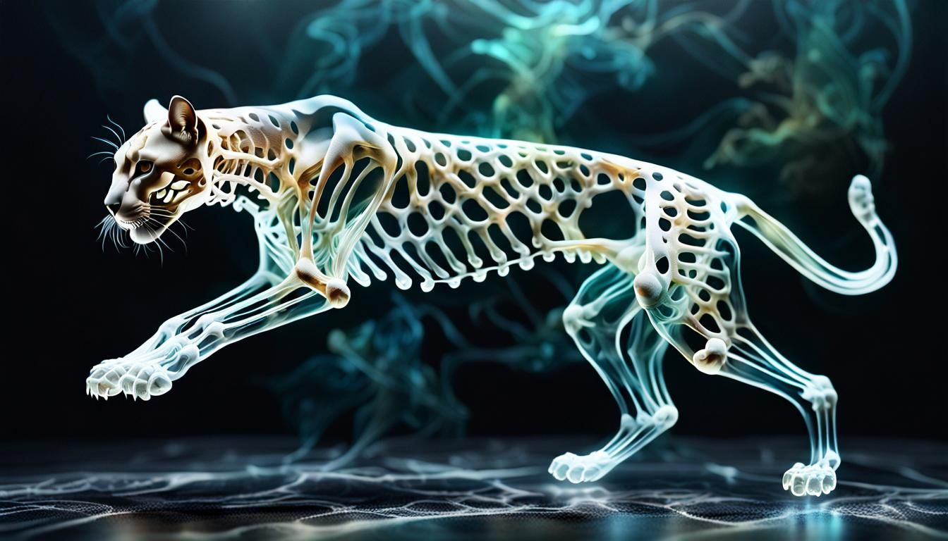 a glass and skeleton puma appearing mid-leap - AI Generated Artwork ...