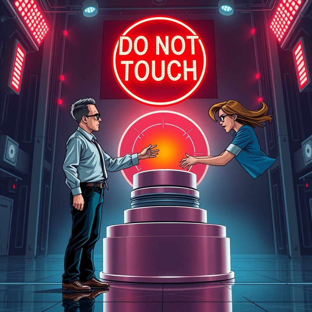 Bob stood in front of a giant, glowing red button on a pedestal ...