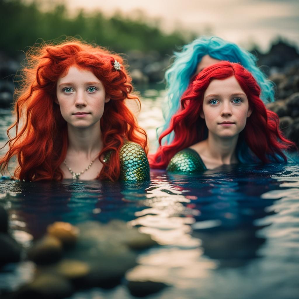 Three mermaids. Two redhaired mermaid, and a bluehaired mermaid. - AI ...