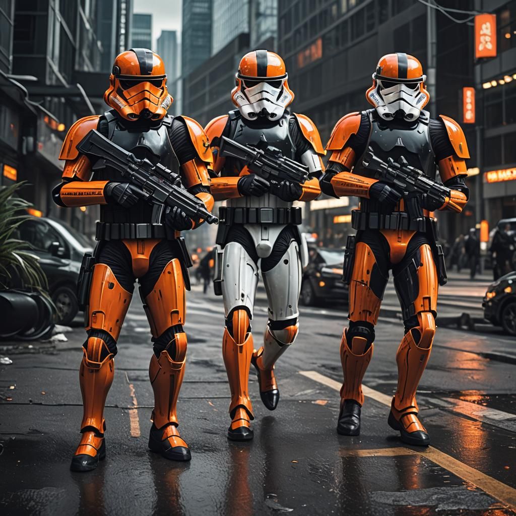Three corporate stormtroopers in black and orange armor are on patrol ...