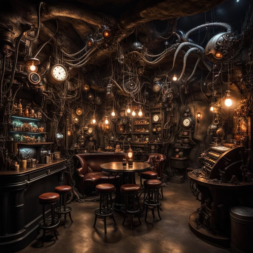 "A dimly lit underground cyborg steampunk creepy spooky gothic coffee ...