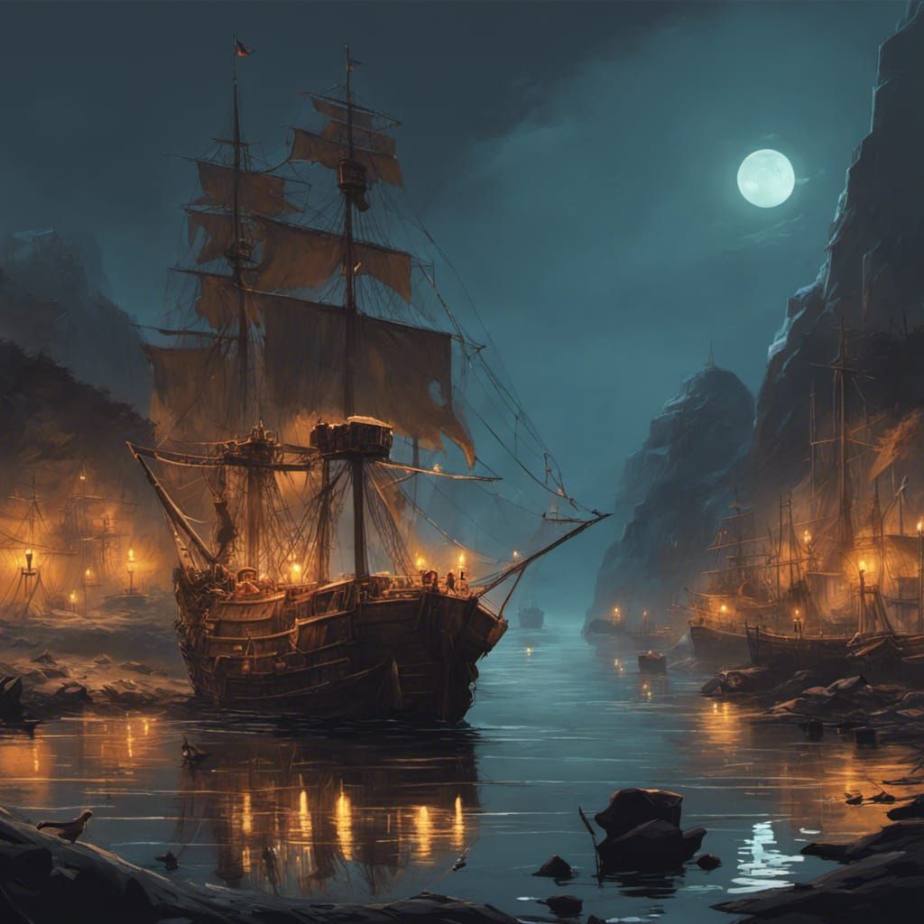 Pirate harbor by Simon Stalenhag, JMW Turner, and Andreas Rocha. Moonlight and candle light ...