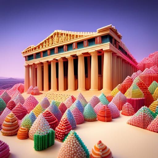 a miniature model of The ancient Athenian Parthenon made from candy and ...