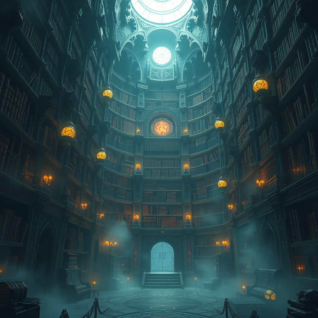 A strange library - Ethereal Futuristic Library in Mystical...