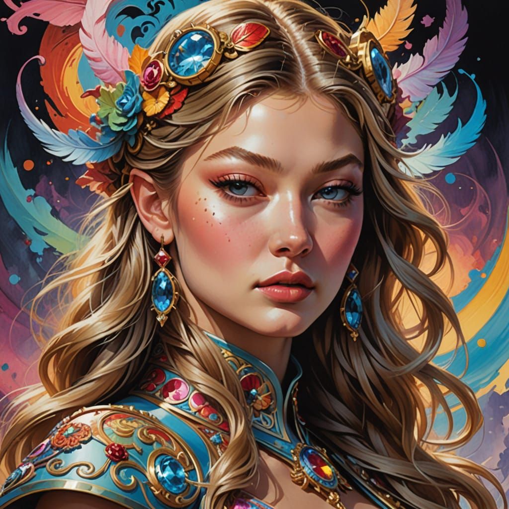 Gigi Hadid, fine detail Frank Frazetta thin outline watercolour vibrant ...