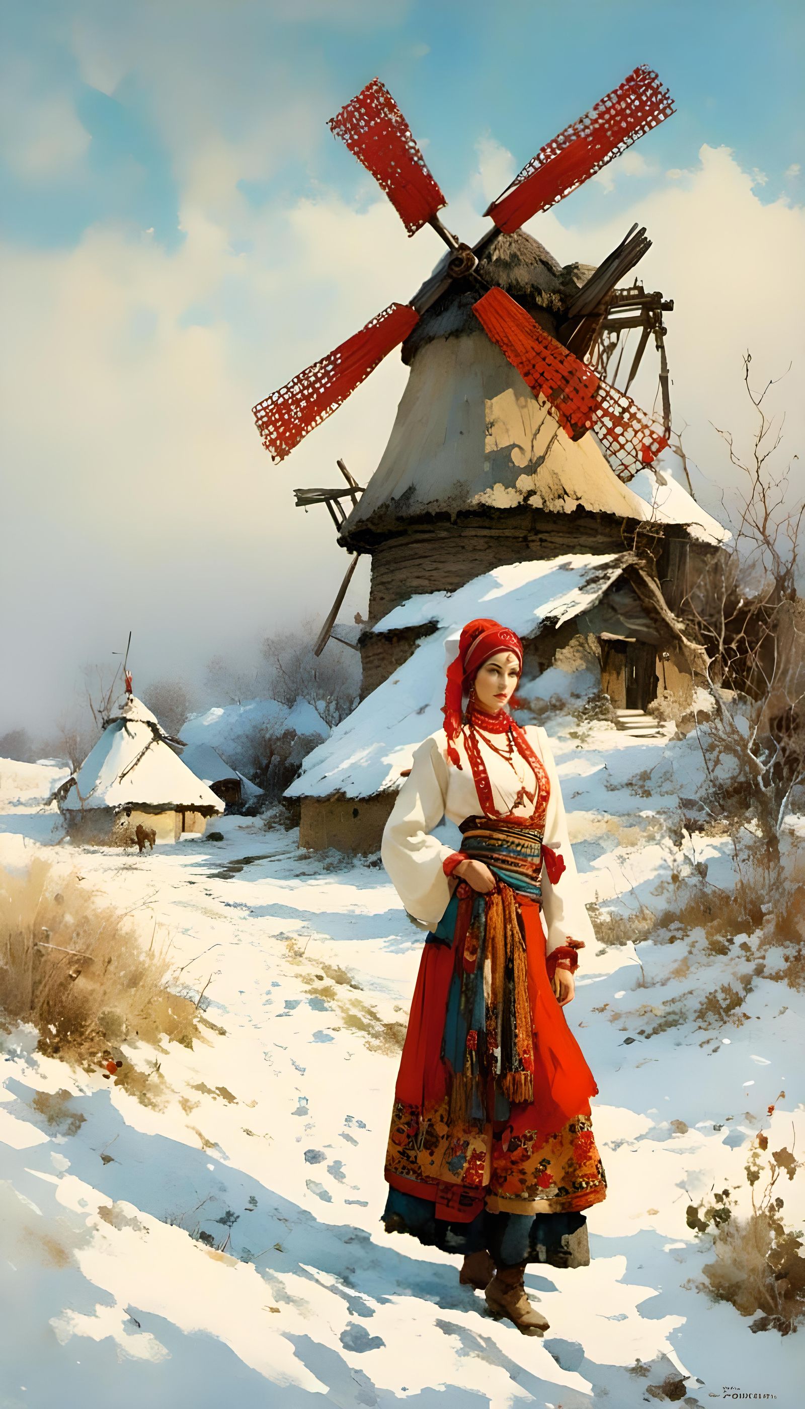 Cinematic winter landscape, beautiful girl in front of a windmill in ...