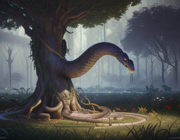 close-up the Tree of Life in the middle of the Garden with a big fat ...