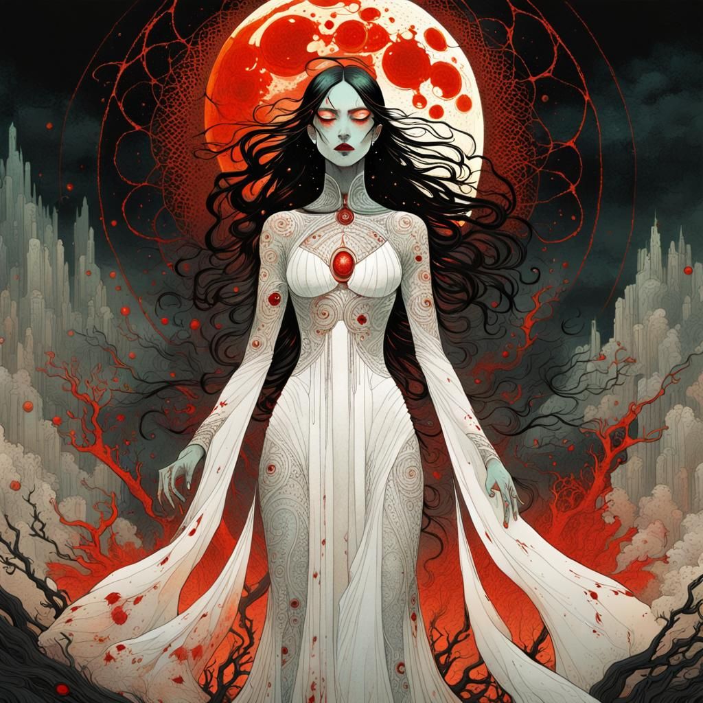 "Full body Beautiful seductive_enchantress, highly detailed white dress, blood moon, red glow ...