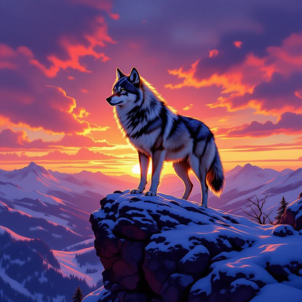 A lone wolf - Lone Wolf Overlooking Snowy Valley at Sunset