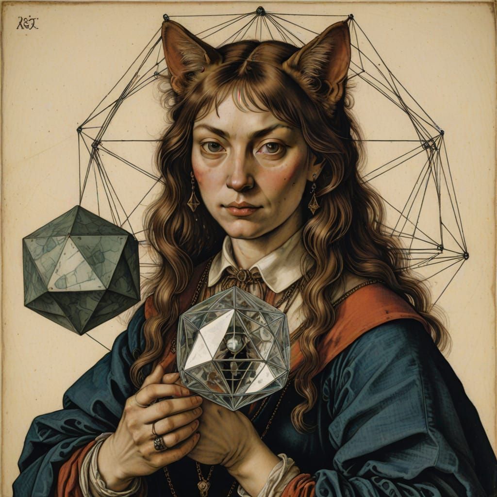 Working Girl with icosahedron and cat, style of Albrecht Dürer