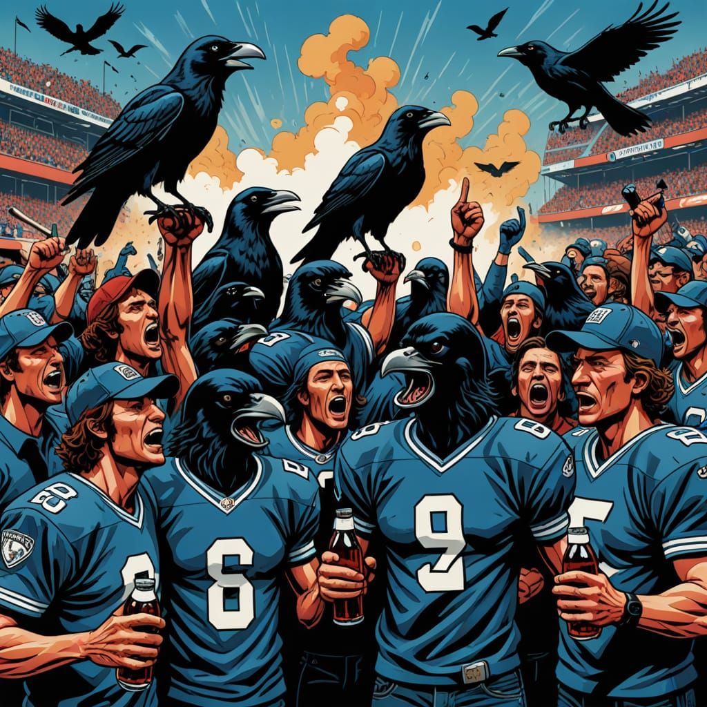 Vibrant Crows Unleash Chaos in Football Stadium - AI Art