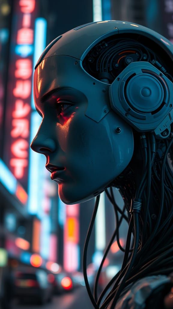 Sad Android 2 - Cyberpunk Android Portrait in Muted Neon