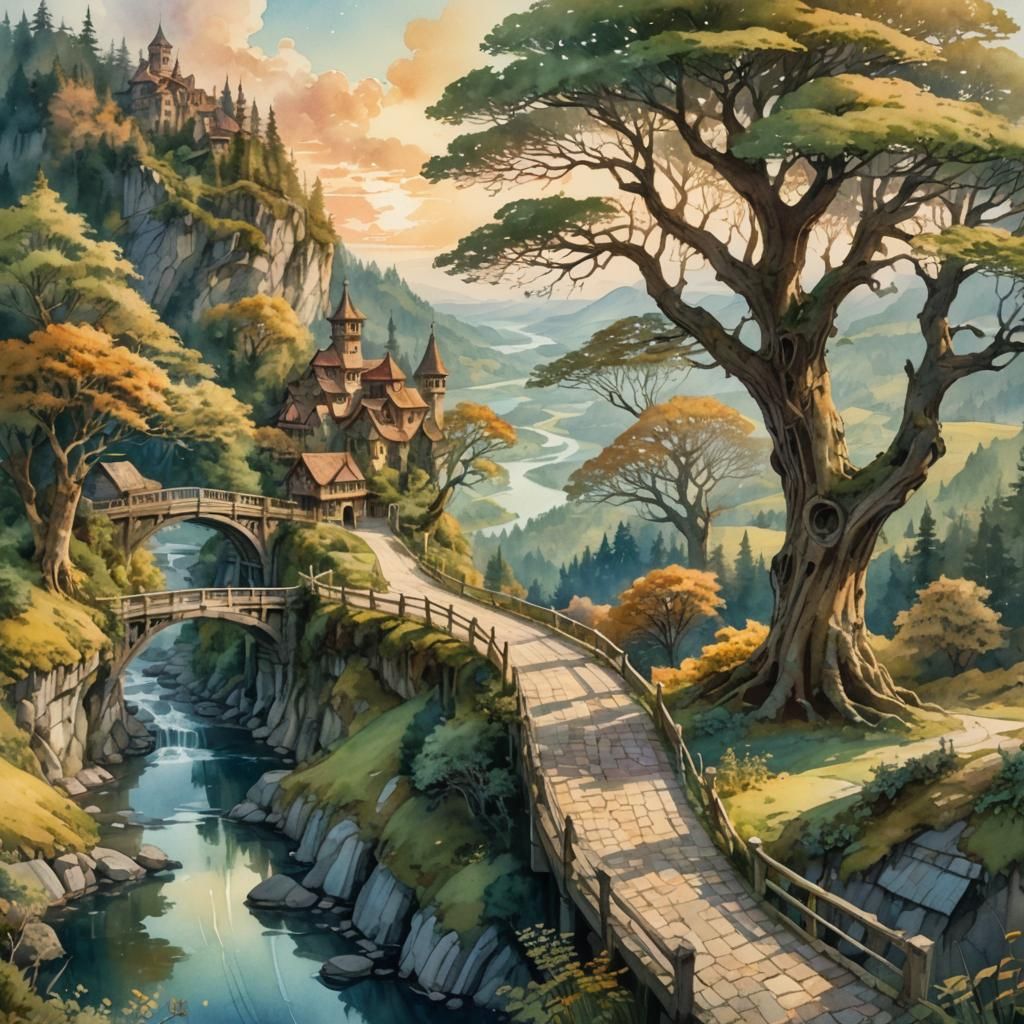 Map of a a rood and lakes with different paths detailed matte painting ...