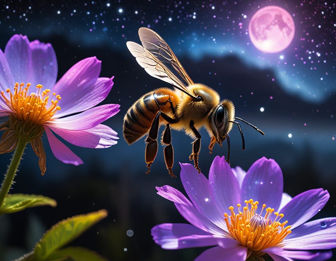 Celestial Nectar: A Midnight Bee's Journey (Open Prompt)
