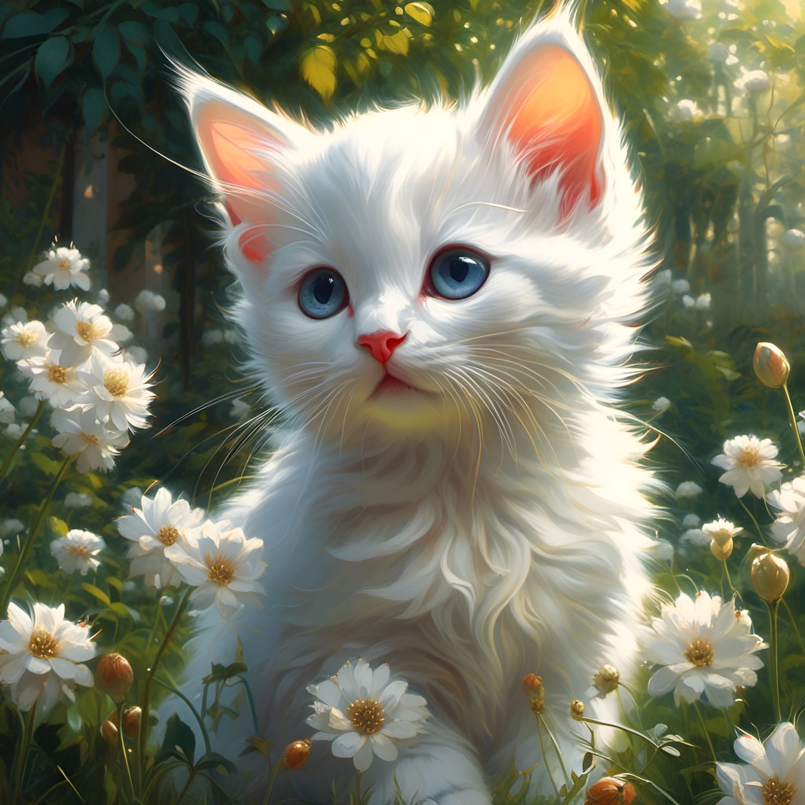 white kitten in a garden, soft lighting, sharp focus, by Marc Simonetti ...
