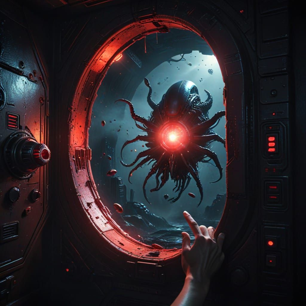 Inside the room is a finger pushing down a red button, outside the ...