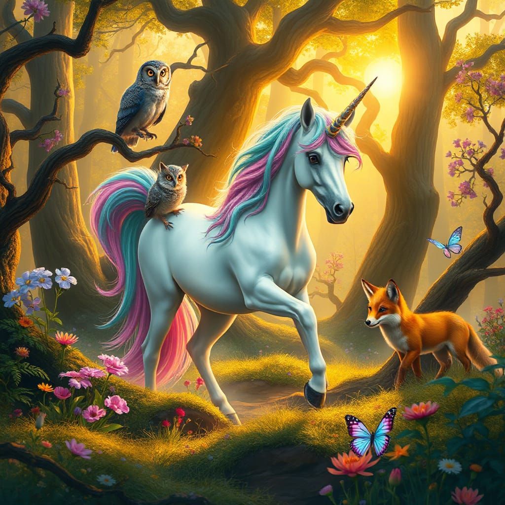 Ethereal Unicorn in Vibrant Forest with Magical Cr... - AI Art