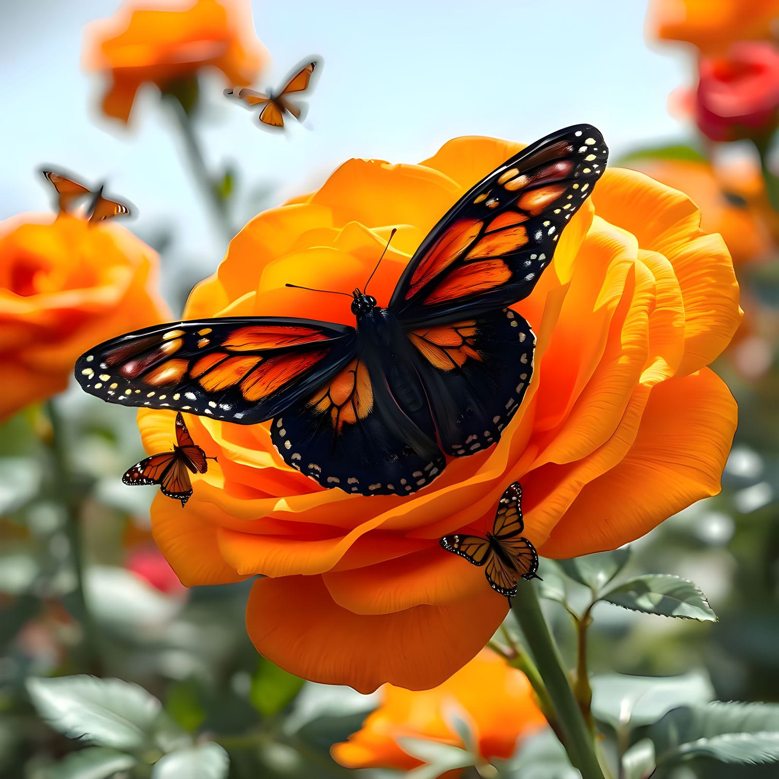 A beautiful masterpiece of a gigantic gorgeous black monarch butterfly sitting on a gold and ...