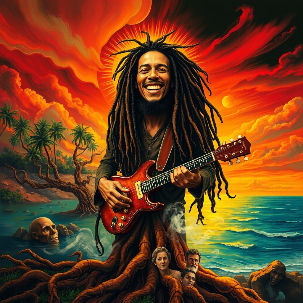 Reggae Icon Awakens in Vibrant, Surreal Landscape - AI Art