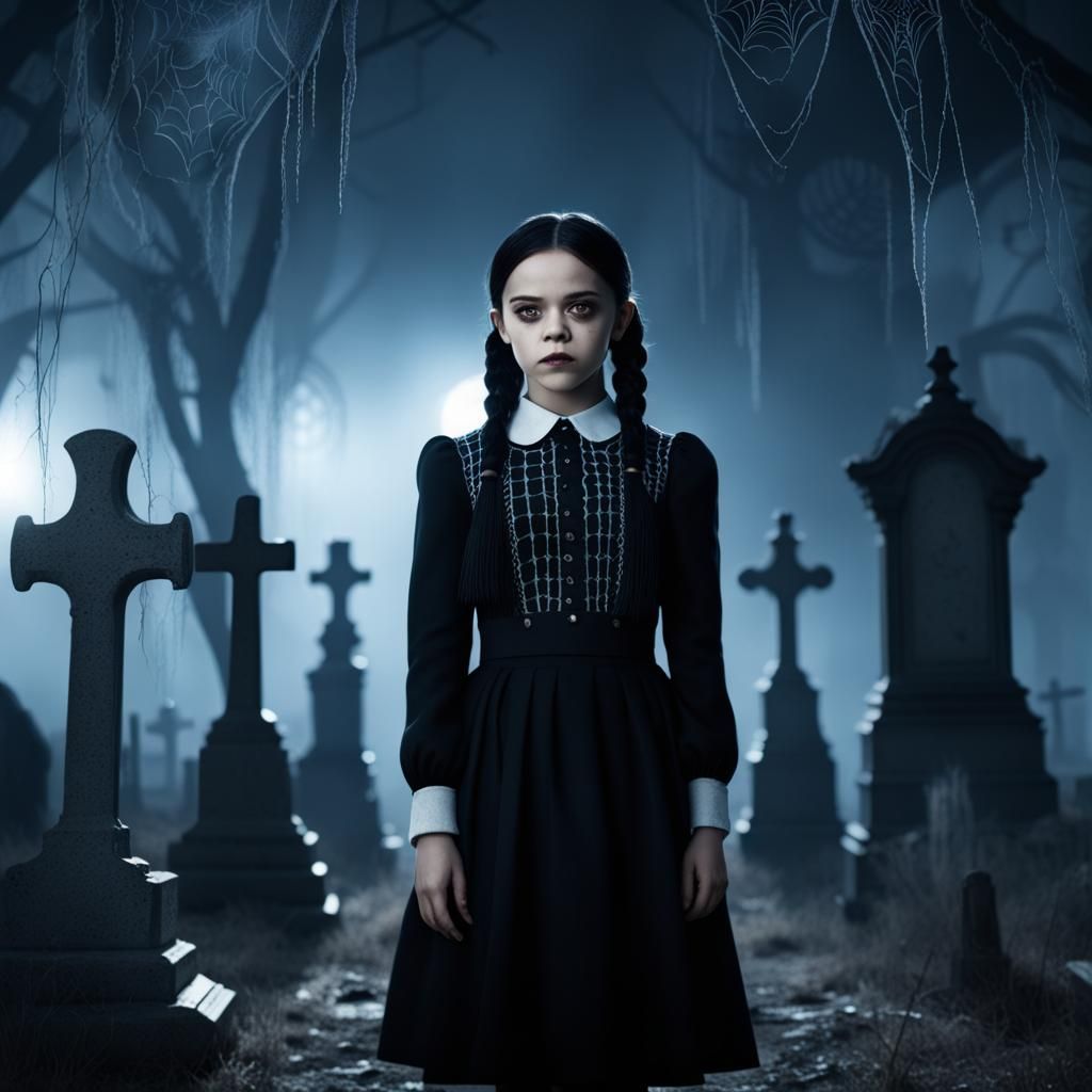 Jenna Ortega Wednesday Addams standing in dark creepy haunted graveyard ...