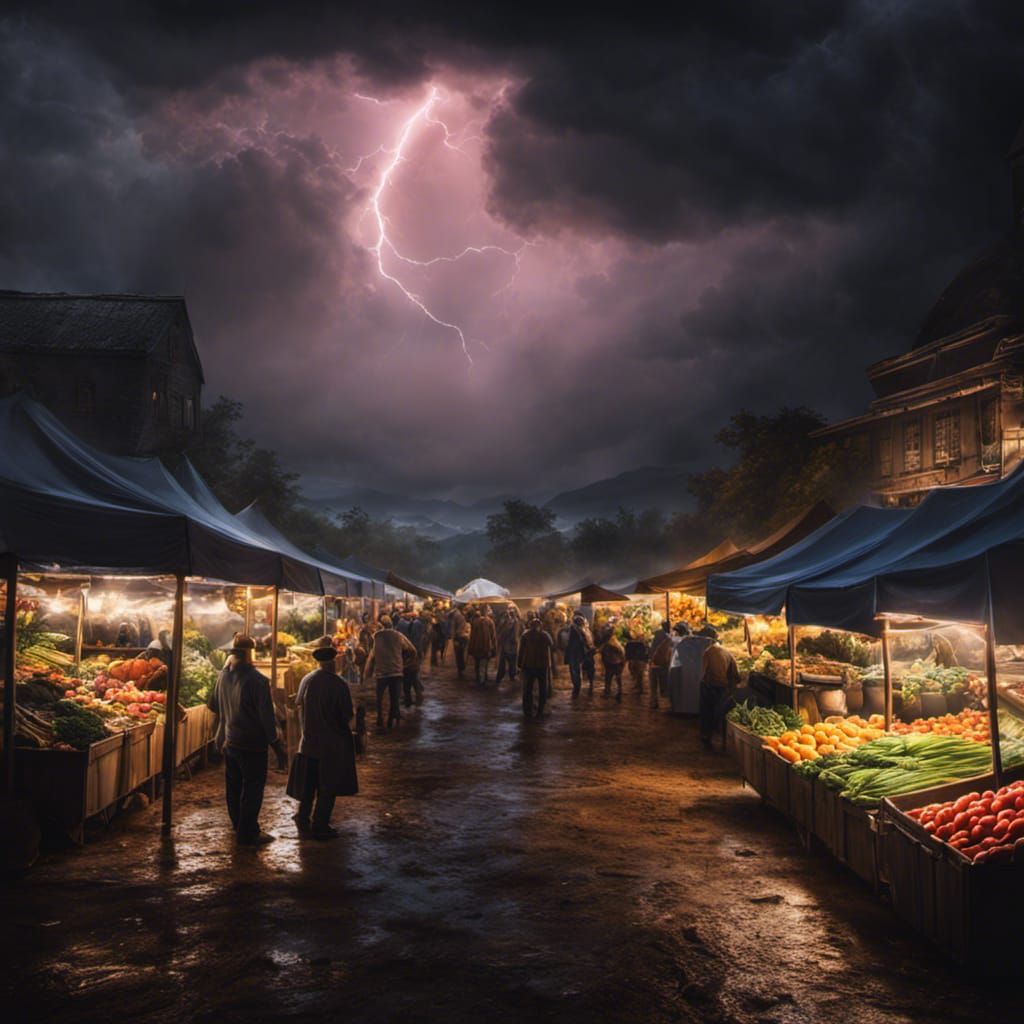 A mystical and enchanting depiction of a farmers market at night, where ...