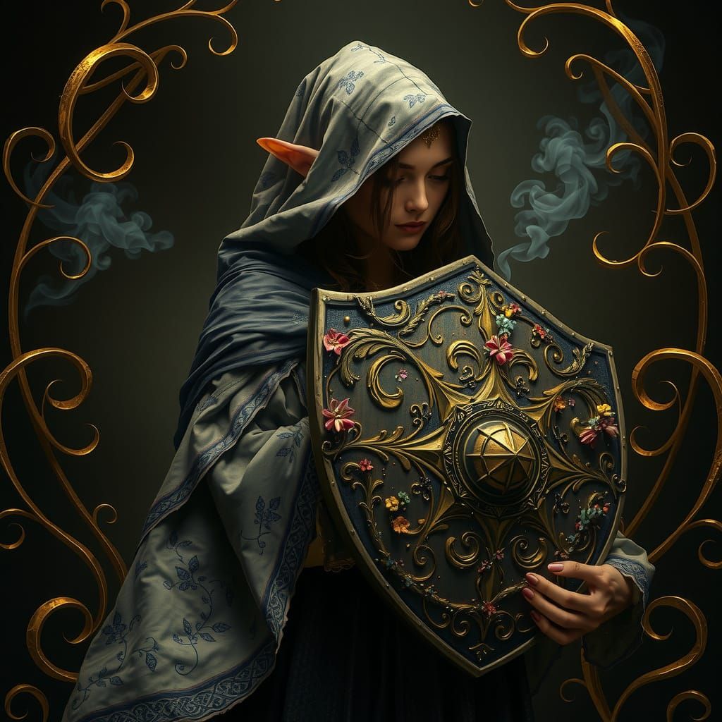 Enigmatic Elf Maiden Guarding Secrets in Gritty, B... - AI Art