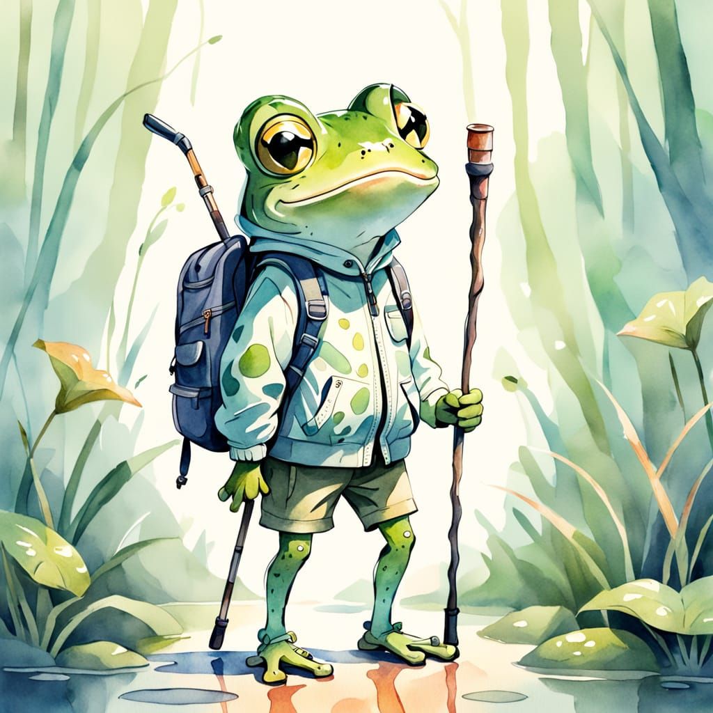 Frog Cub Explorer in Watercolor - AI Art