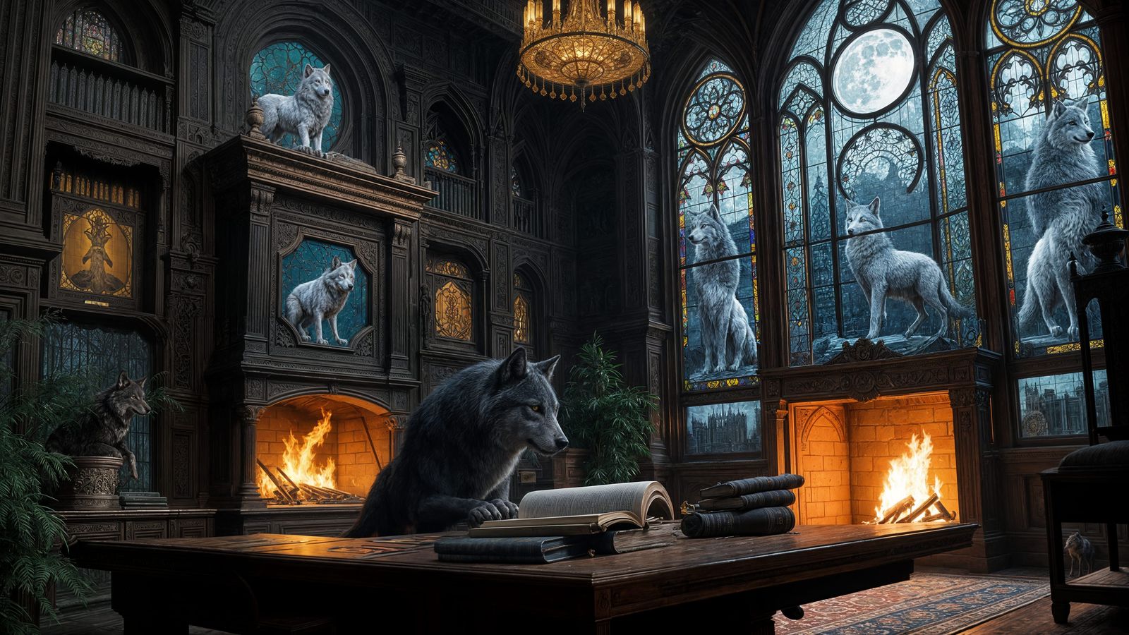 Wolf Studies Ancient Tomes by Majestic Fireplace - AI Art