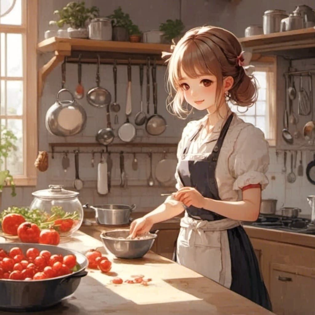 Kawaii, girl cooking in kitchen. - AI Generated Artwork - NightCafe Creator