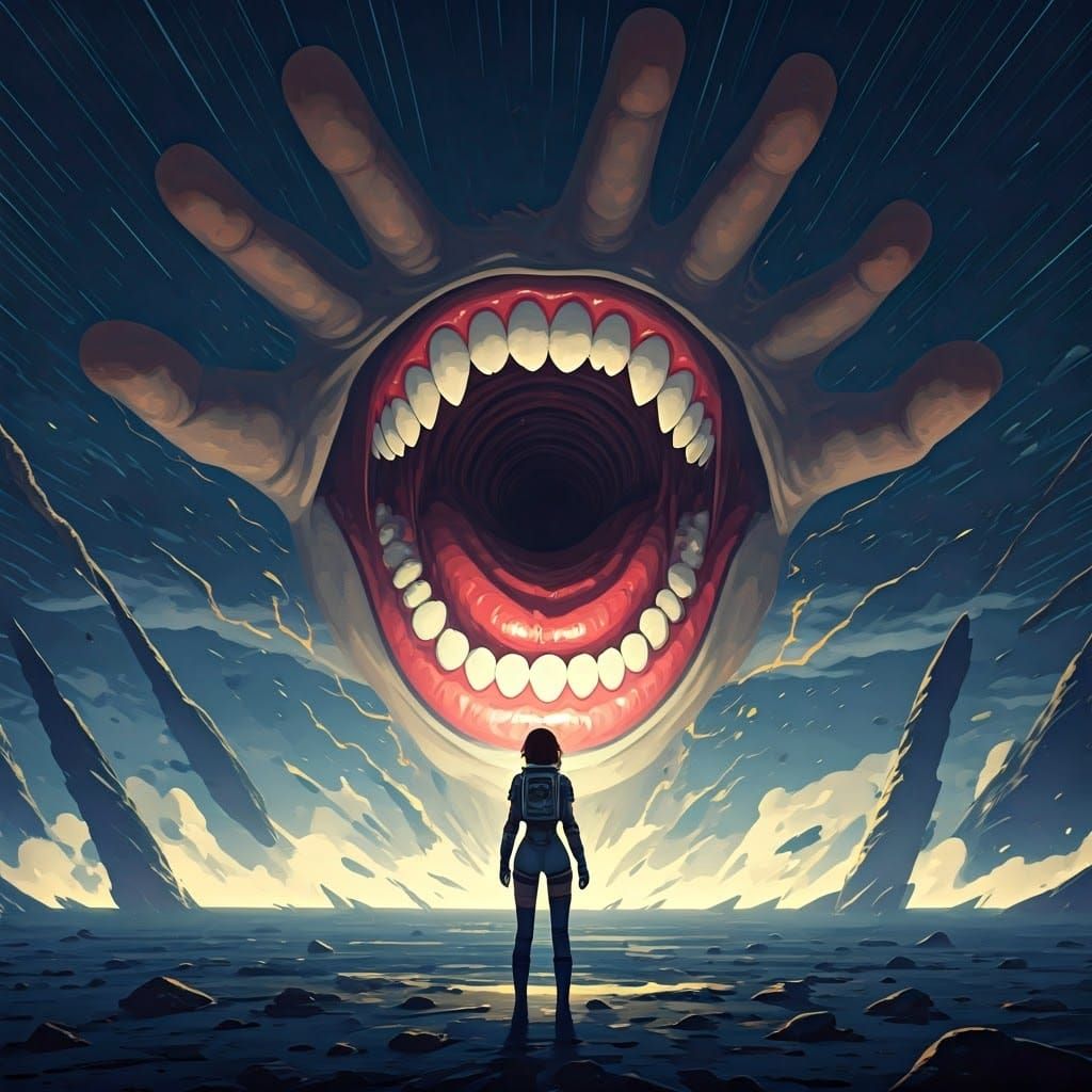 A colossal, anthropomorphic hand erupts from the earth, its massive ...