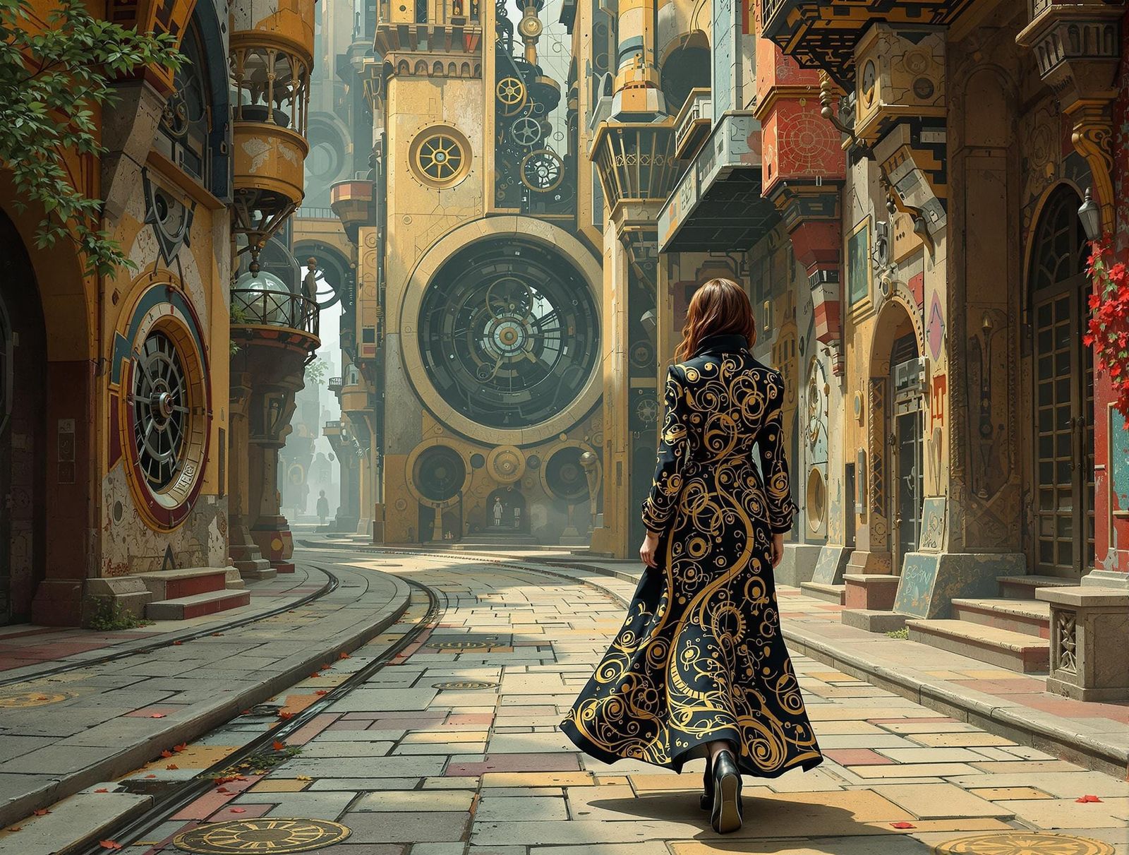 Walking Paradox - Elegant Woman Strolls Through Futuristic C...