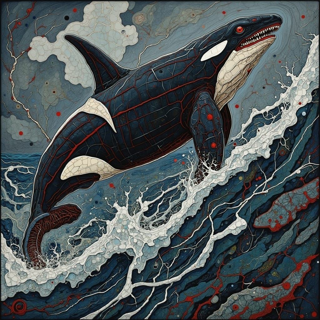 Majestic Orca Rides Tidal Wave in Stormy Seascape - AI Art