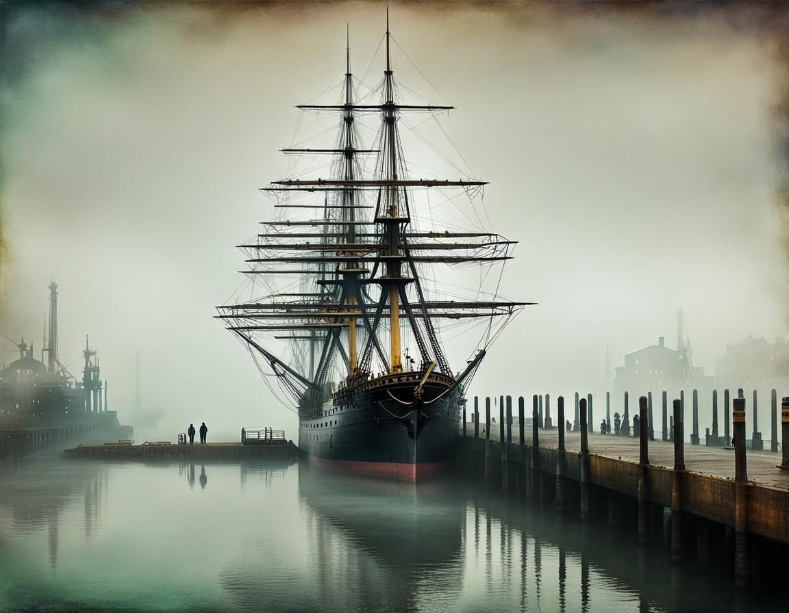 Victorian 19th Century Ship in Harbor, man on dock, foggy atmospheric ...