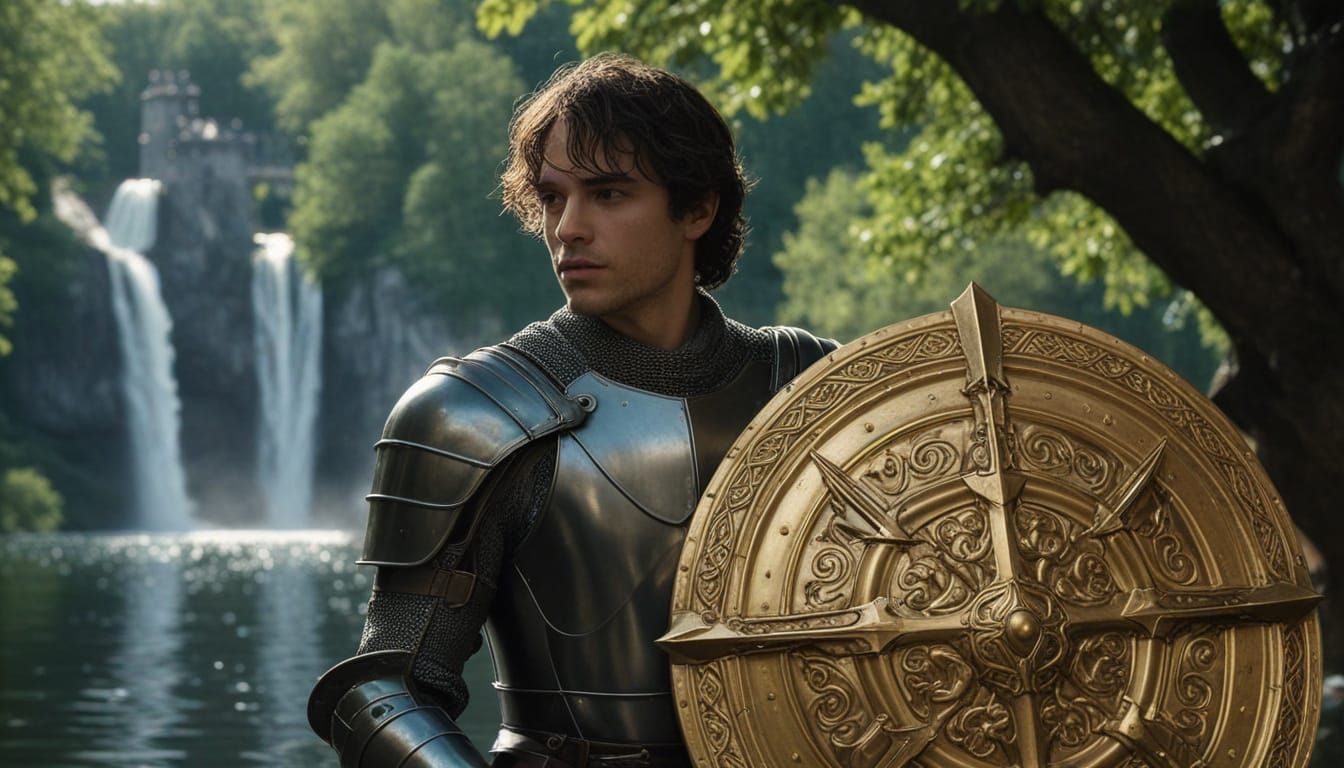 Knight with shield - Chivalrous Knight Guards Castle by Lake